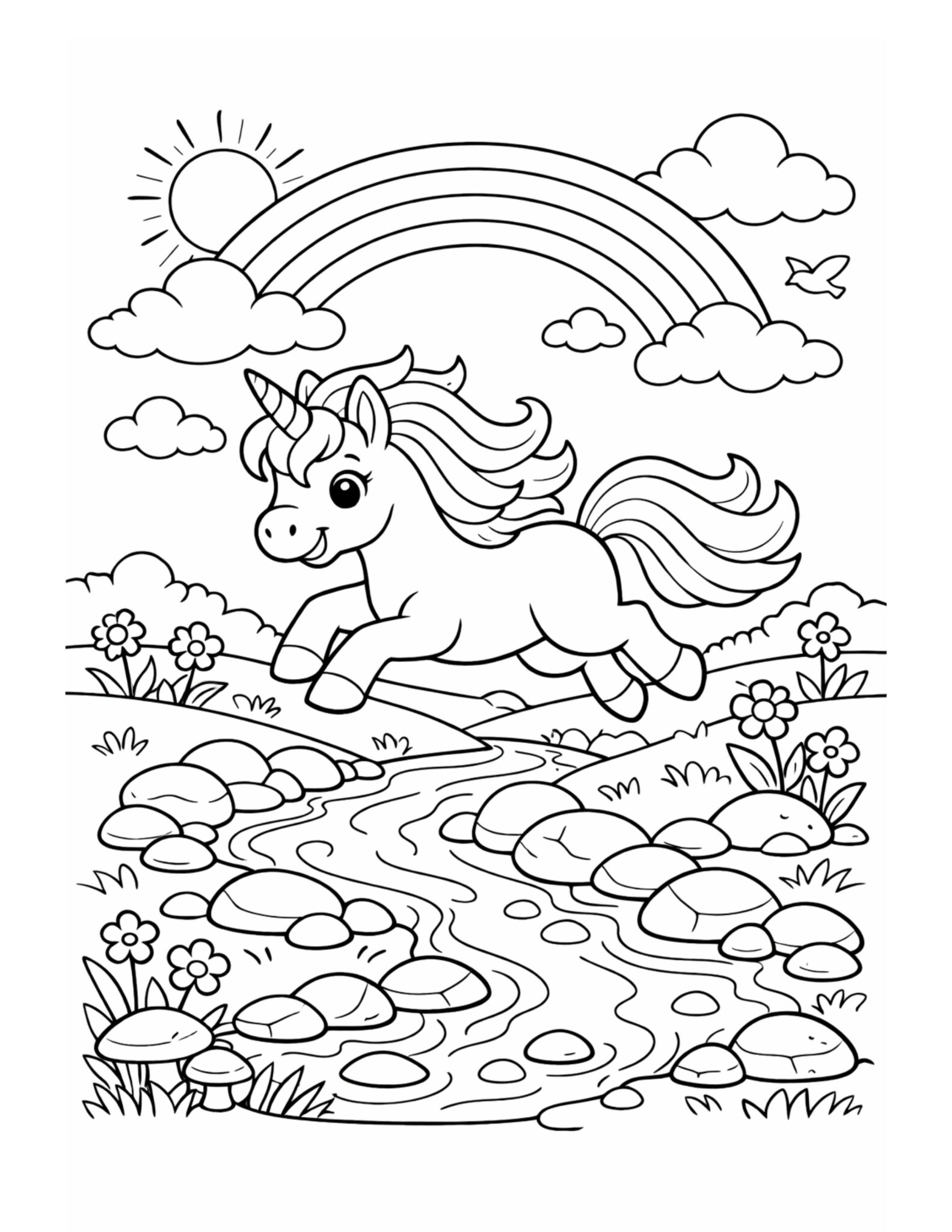 Unicorn Jumping Over a Stream Coloring Page | Free Printable