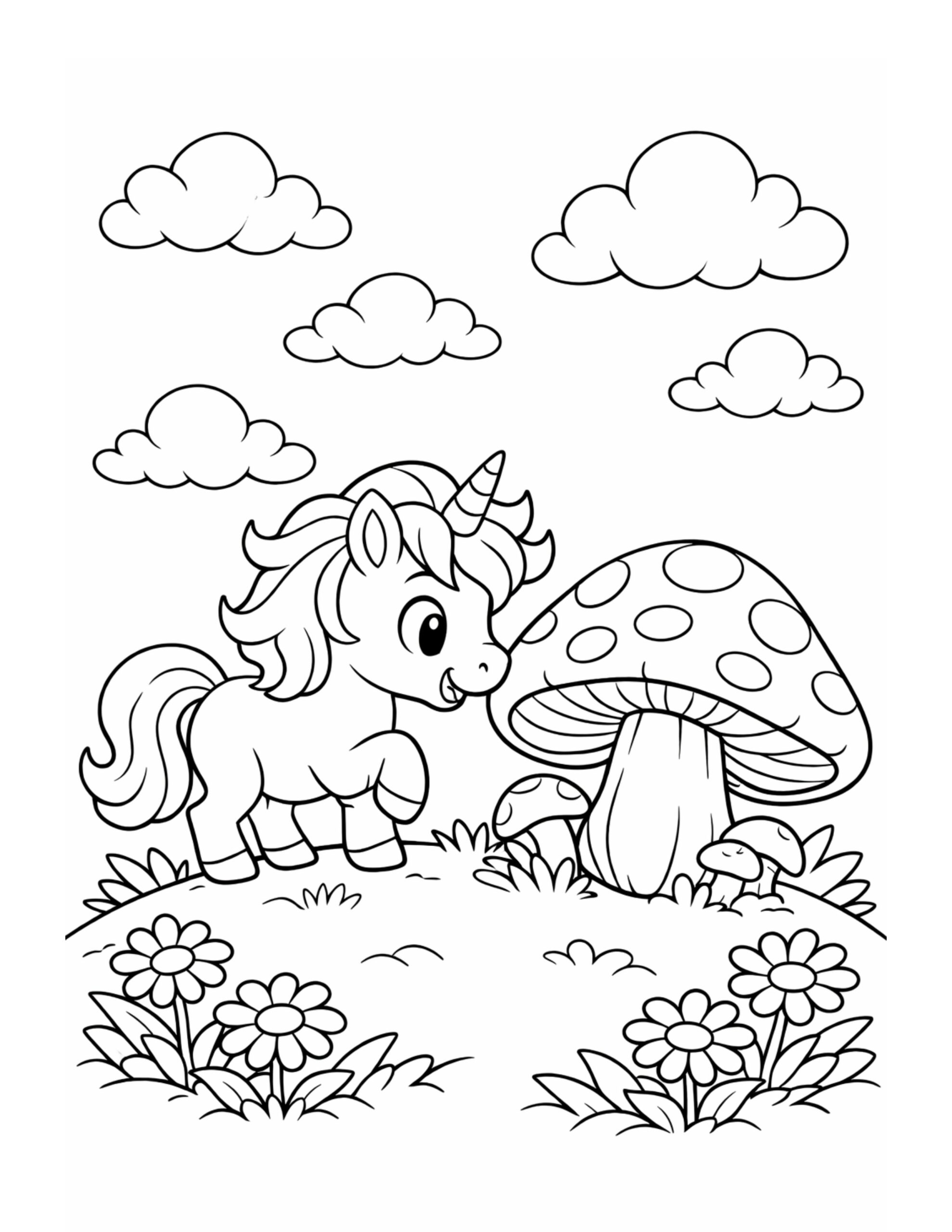 Unicorn meeting a giant mushroom coloring page | Free Printable