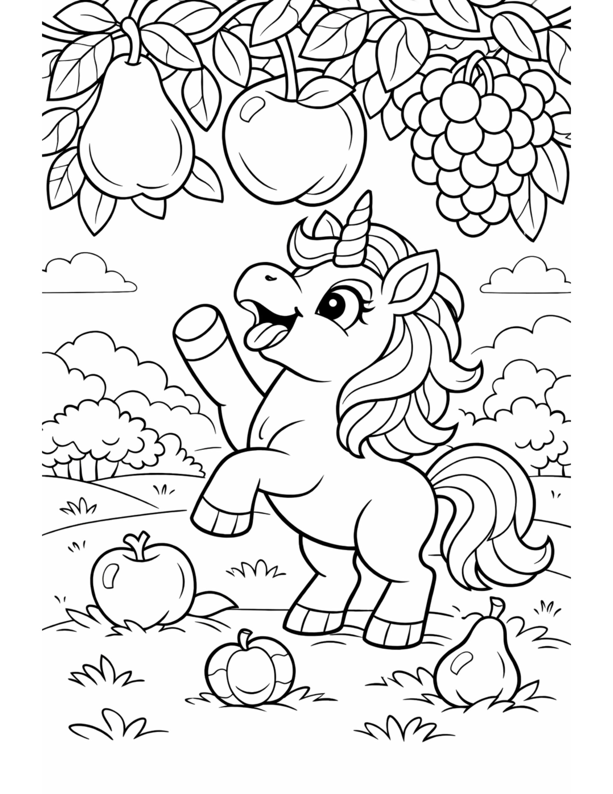Unicorn Reaching for Fruit Coloring Page | Free Printable