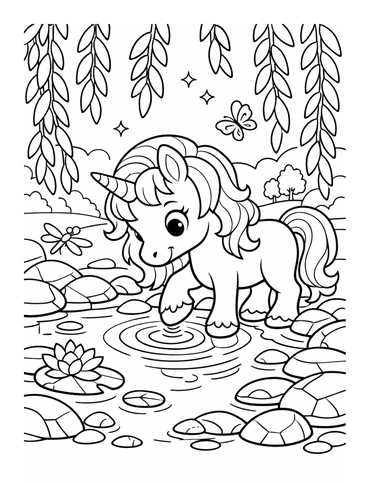 Unicorn Stepping in a Pond Coloring Page | Free Printable