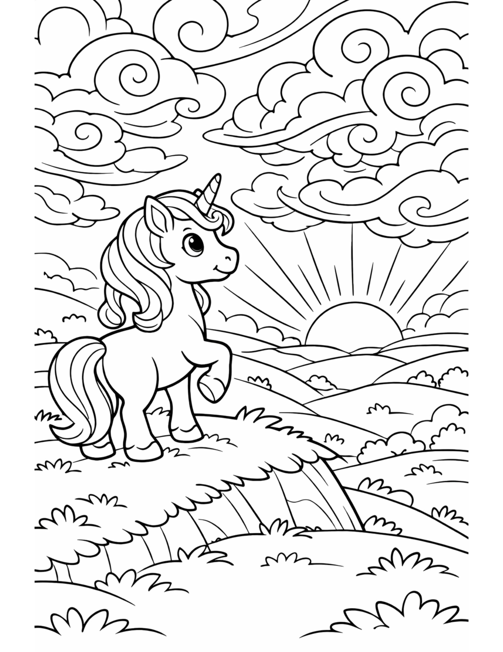 Unicorn Watching Sunrise On Hills Coloring Page | Free Printable