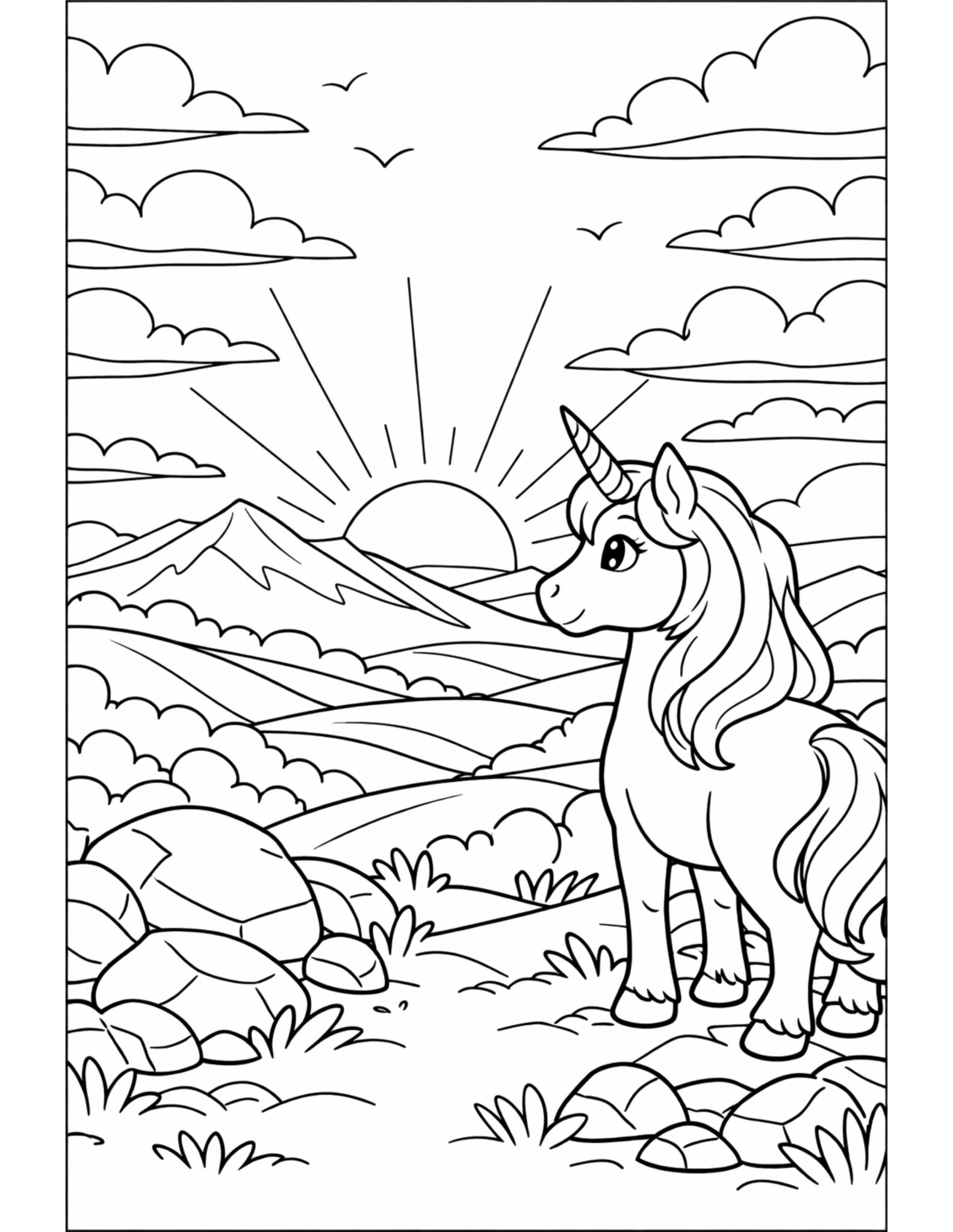 unicorn watching sunrise over mountains coloring page