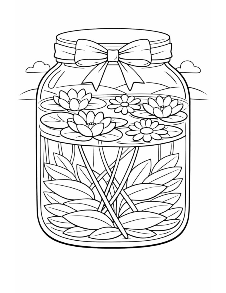 Water Lilies Floating in Jar Coloring Page | Peaceful Floral Art