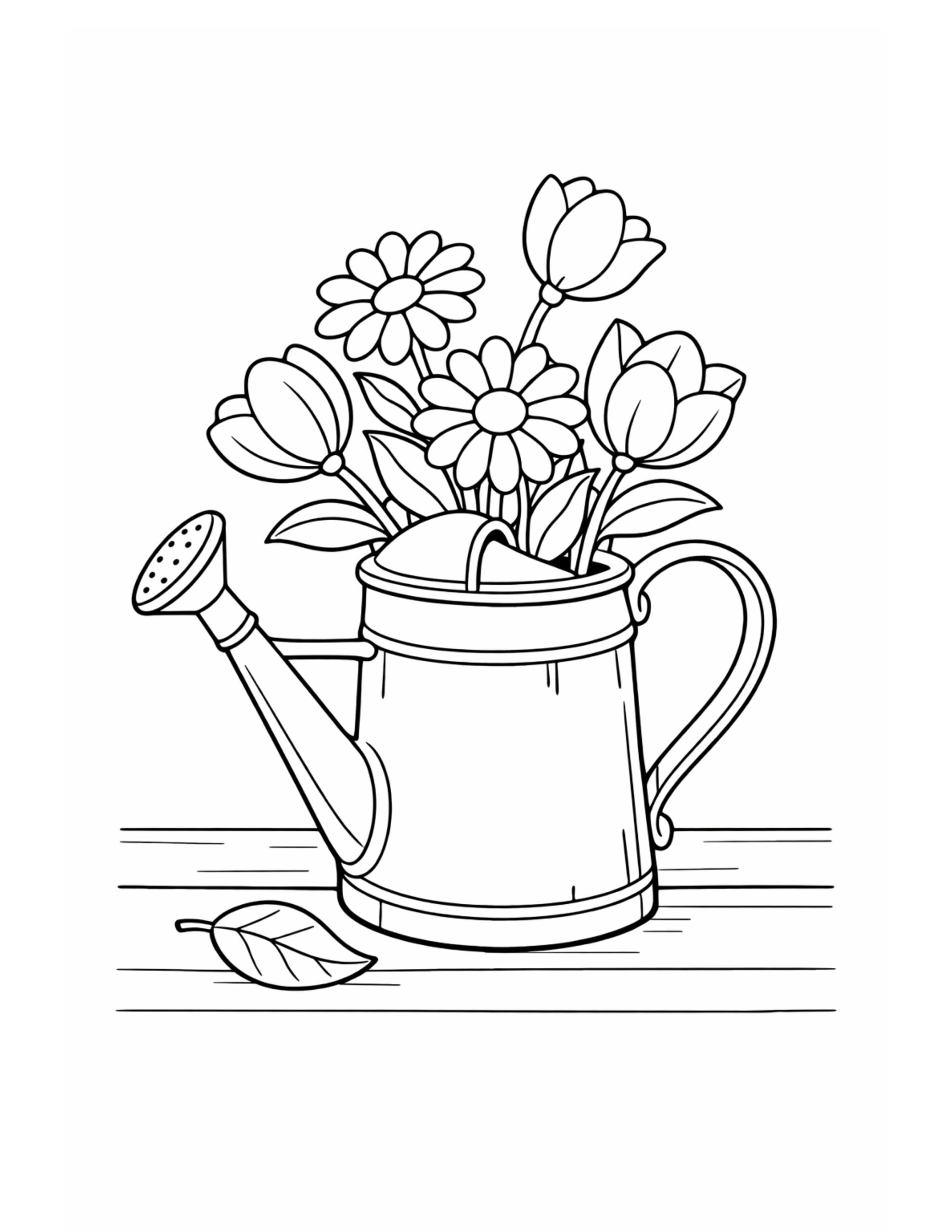 Watering Can Flower Arrangement Coloring Page | Garden Still Life