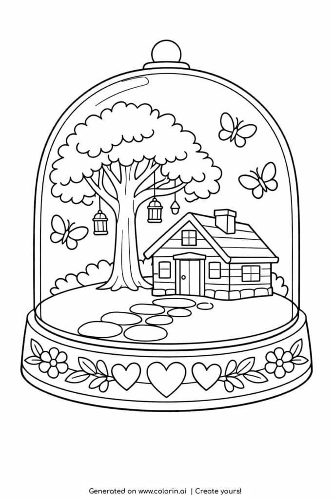 Cottage Cabin Under Glass Dome Coloring Page | Printable