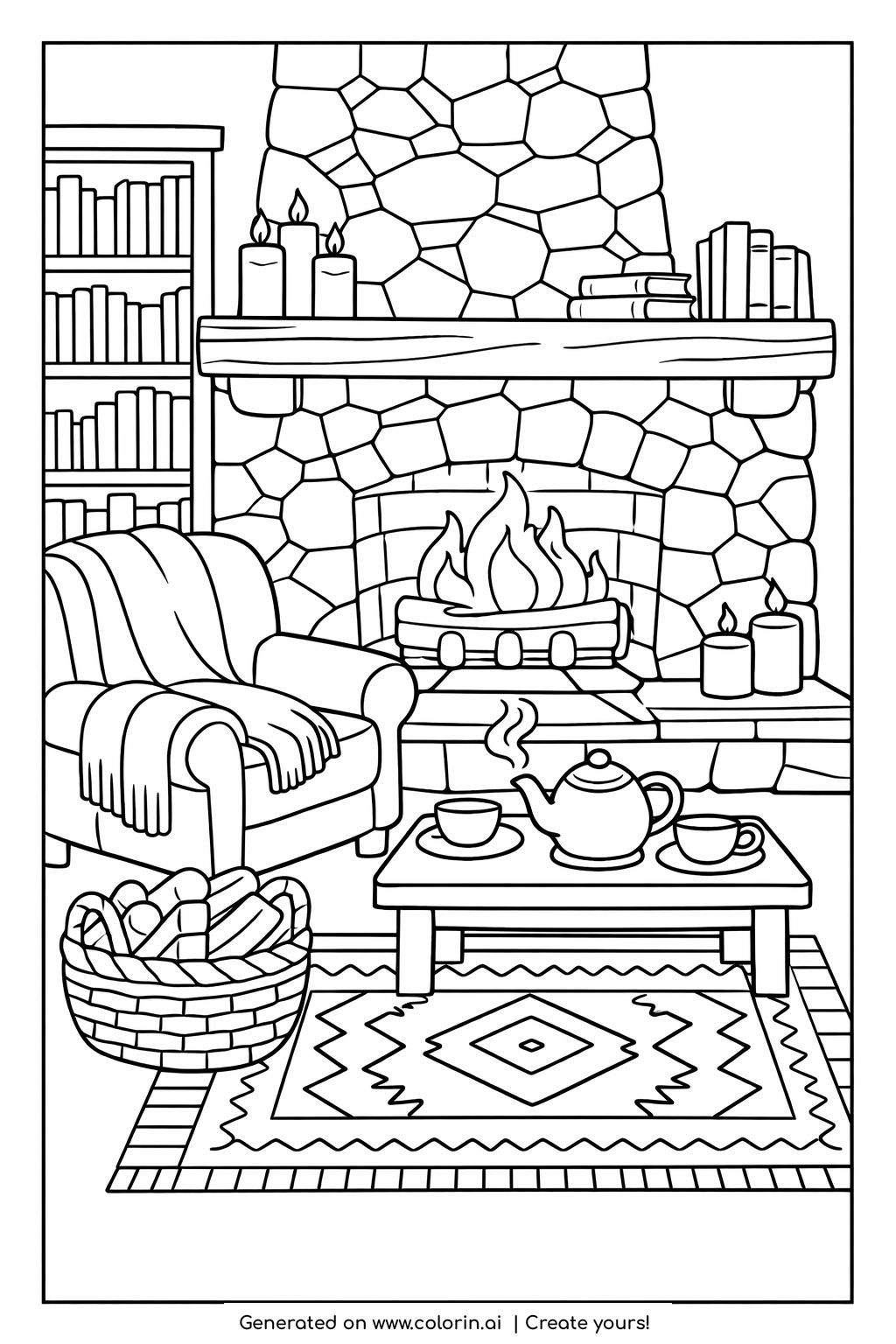 Cozy winter living room with fireplace coloring page | Free Printable