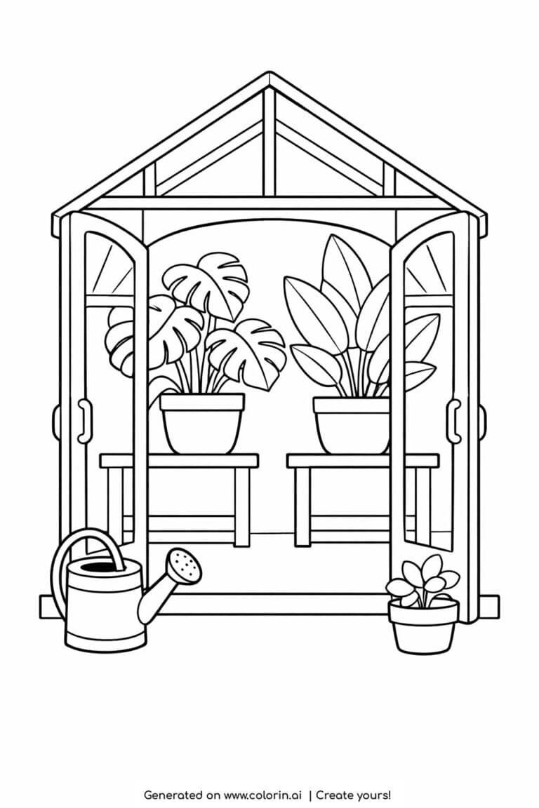greenhouse with open doors and plants coloring page