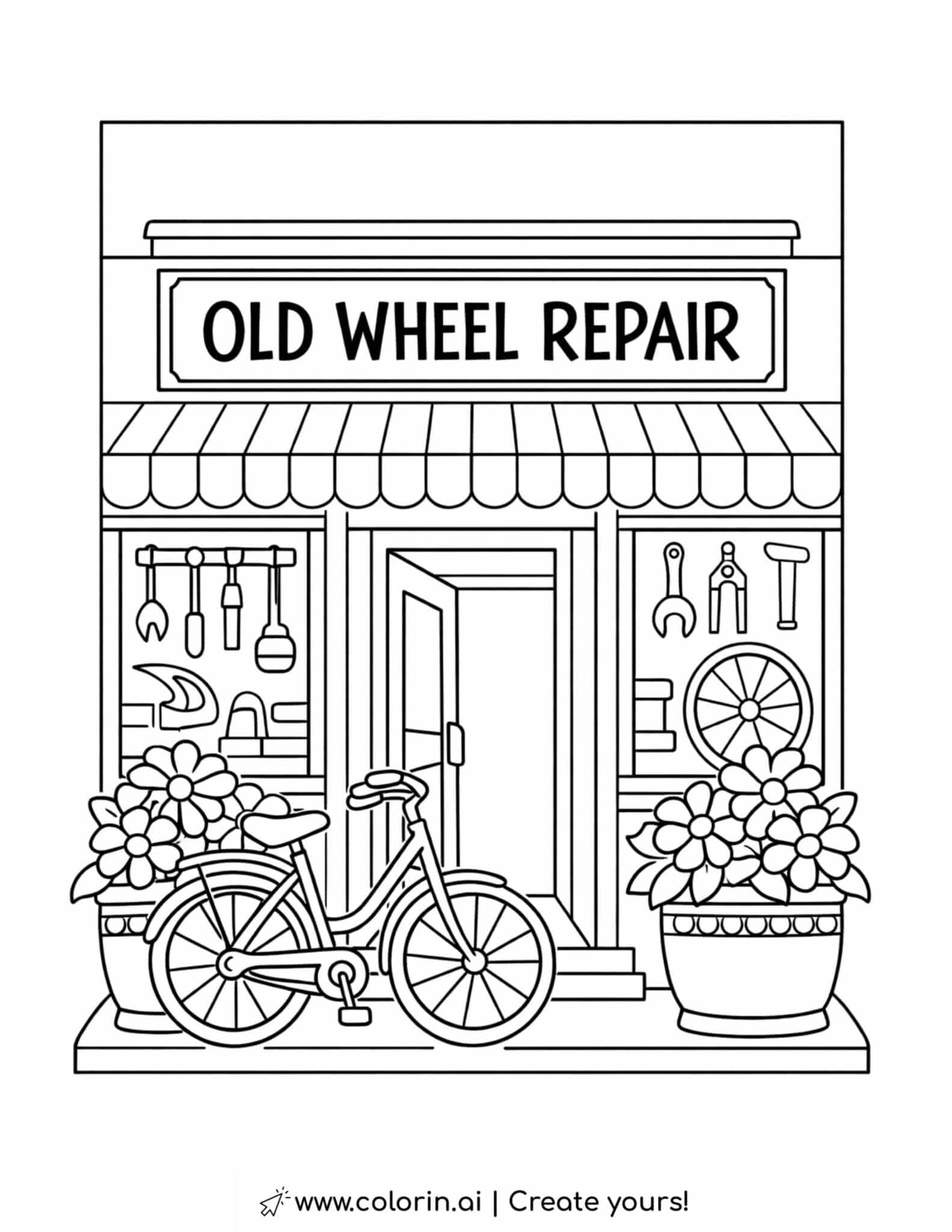 Old Wheel Repair bike shop coloring page | Free Printable