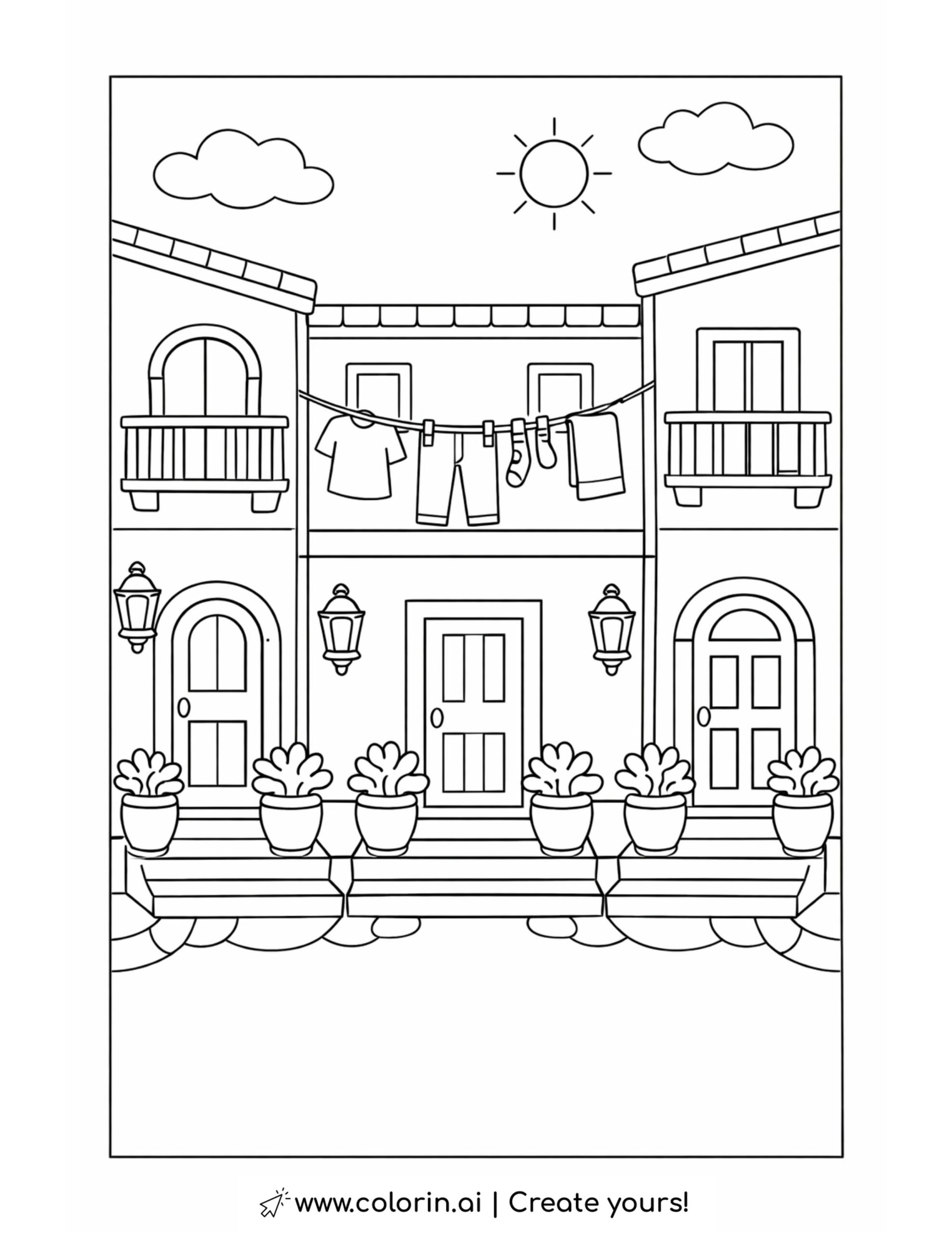 Residential street with hanging laundry coloring page | Printable