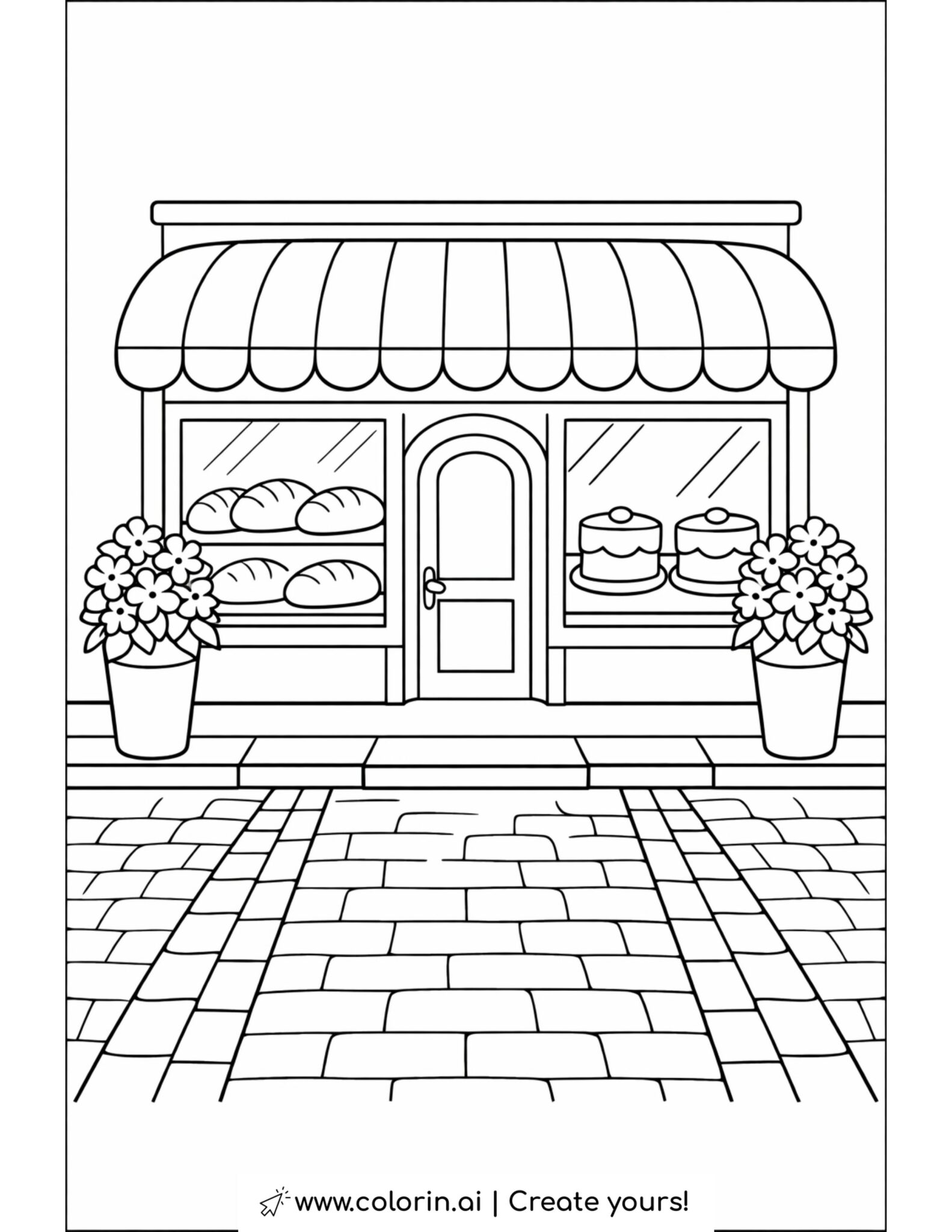 Small bakery storefront with bread display coloring page