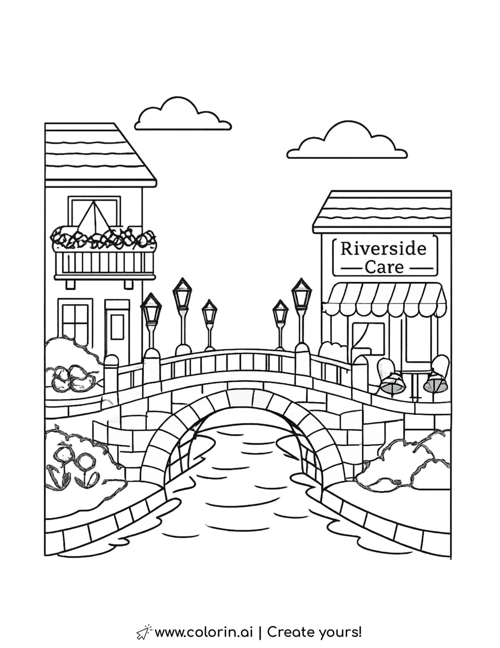 Stone bridge in cozy neighborhood coloring page | Printable