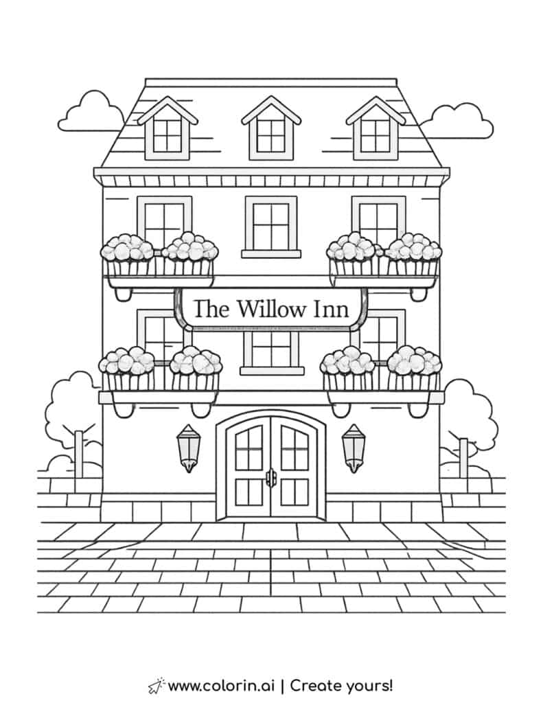 The Willow Inn hotel facade coloring page | Free Printable