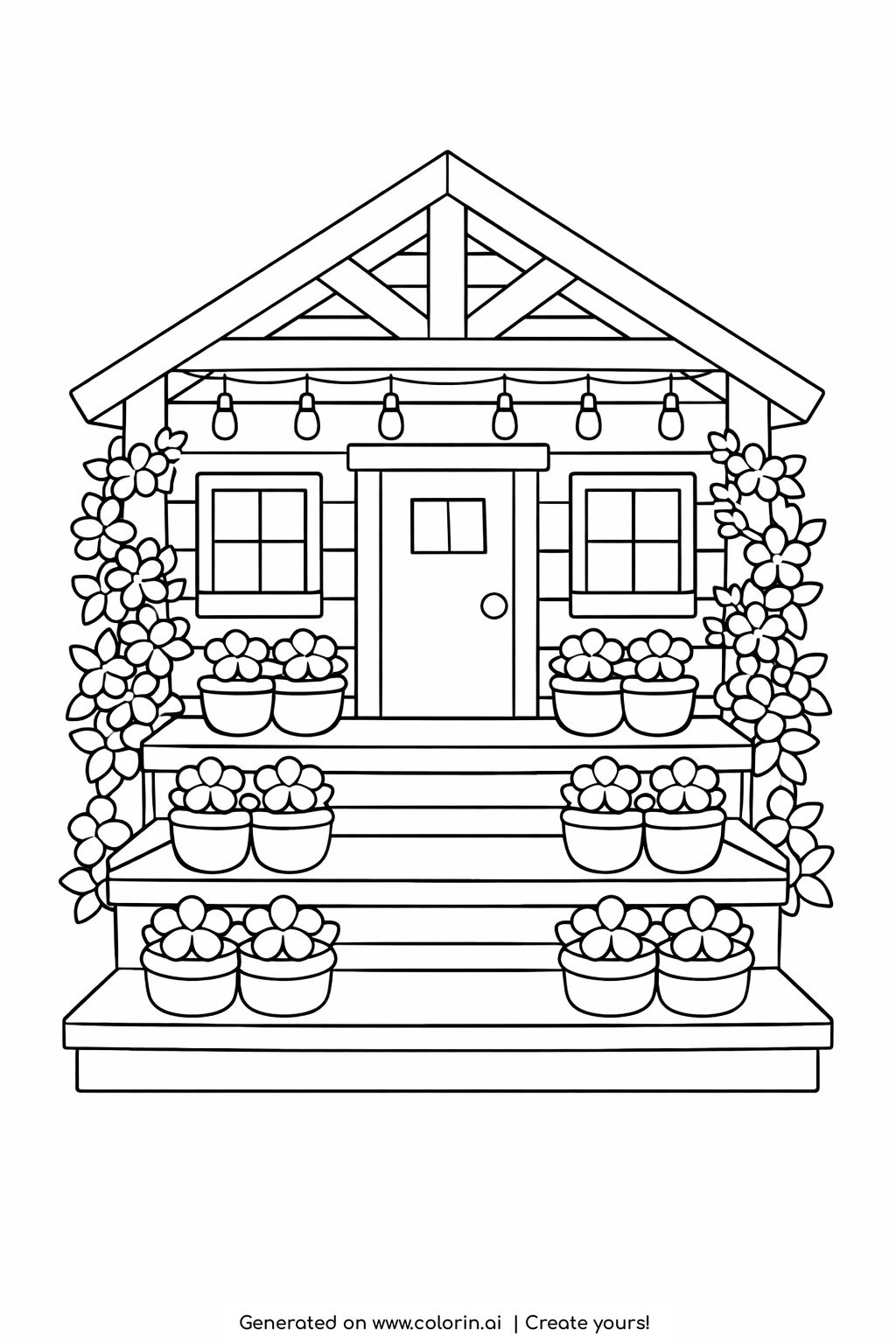 wooden cabin with flower pots on steps coloring page