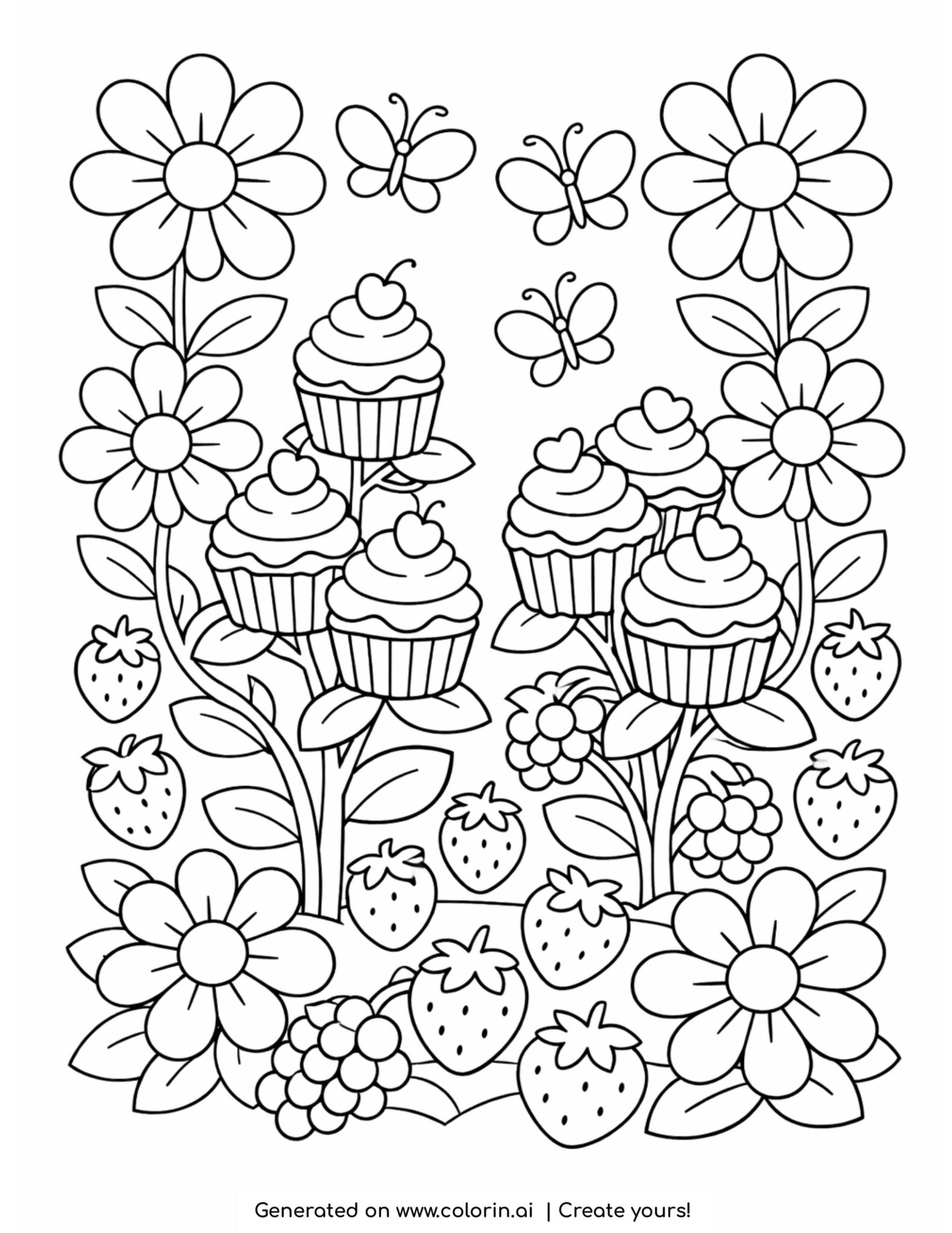 Cupcake garden with flowers and butterflies coloring page