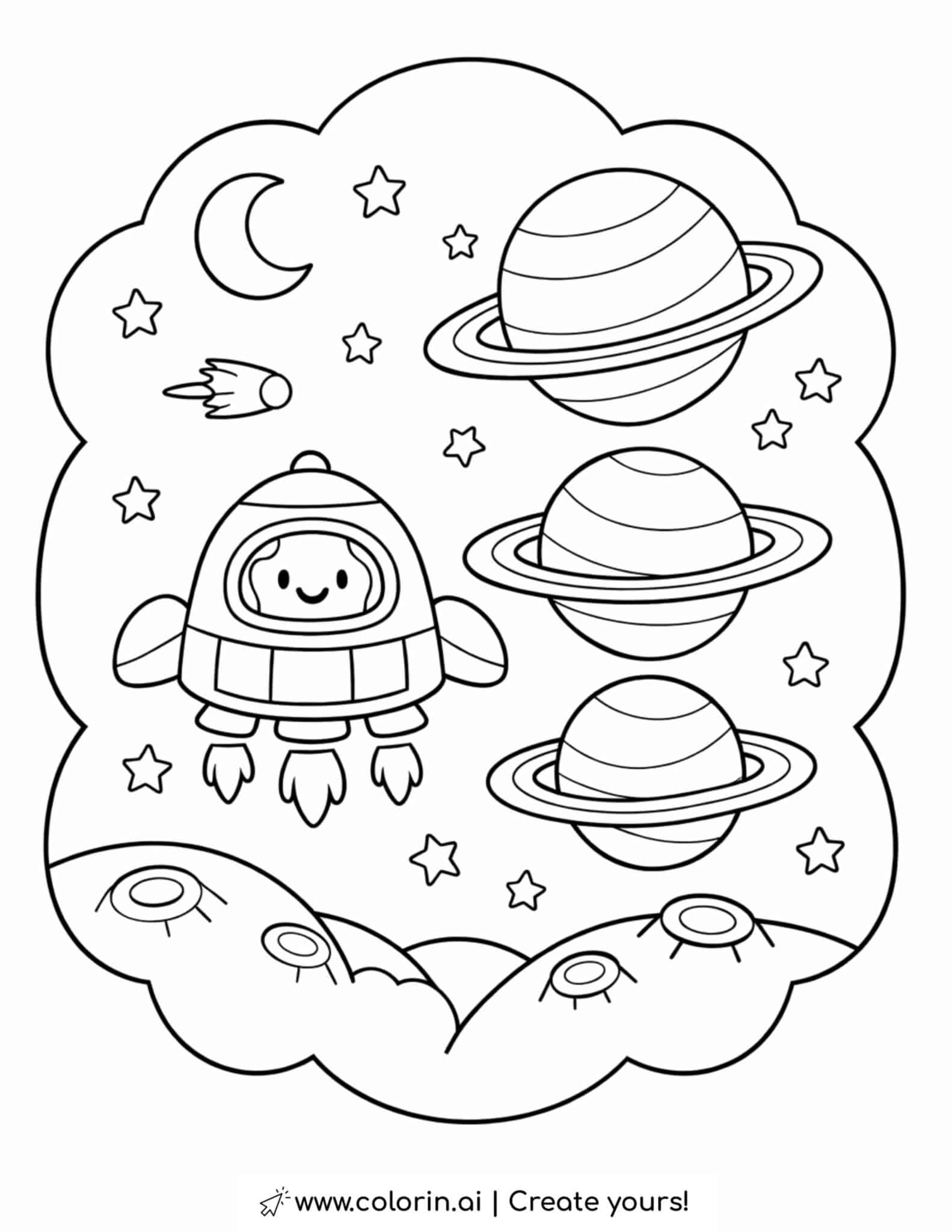 Cute Space Rocket and Planets Coloring Page | Free Printable