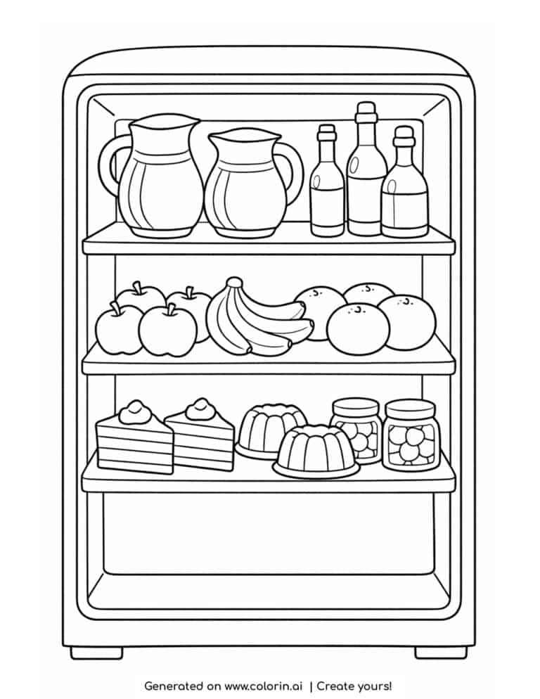 Open fridge with fruits and desserts coloring page | Free Printable