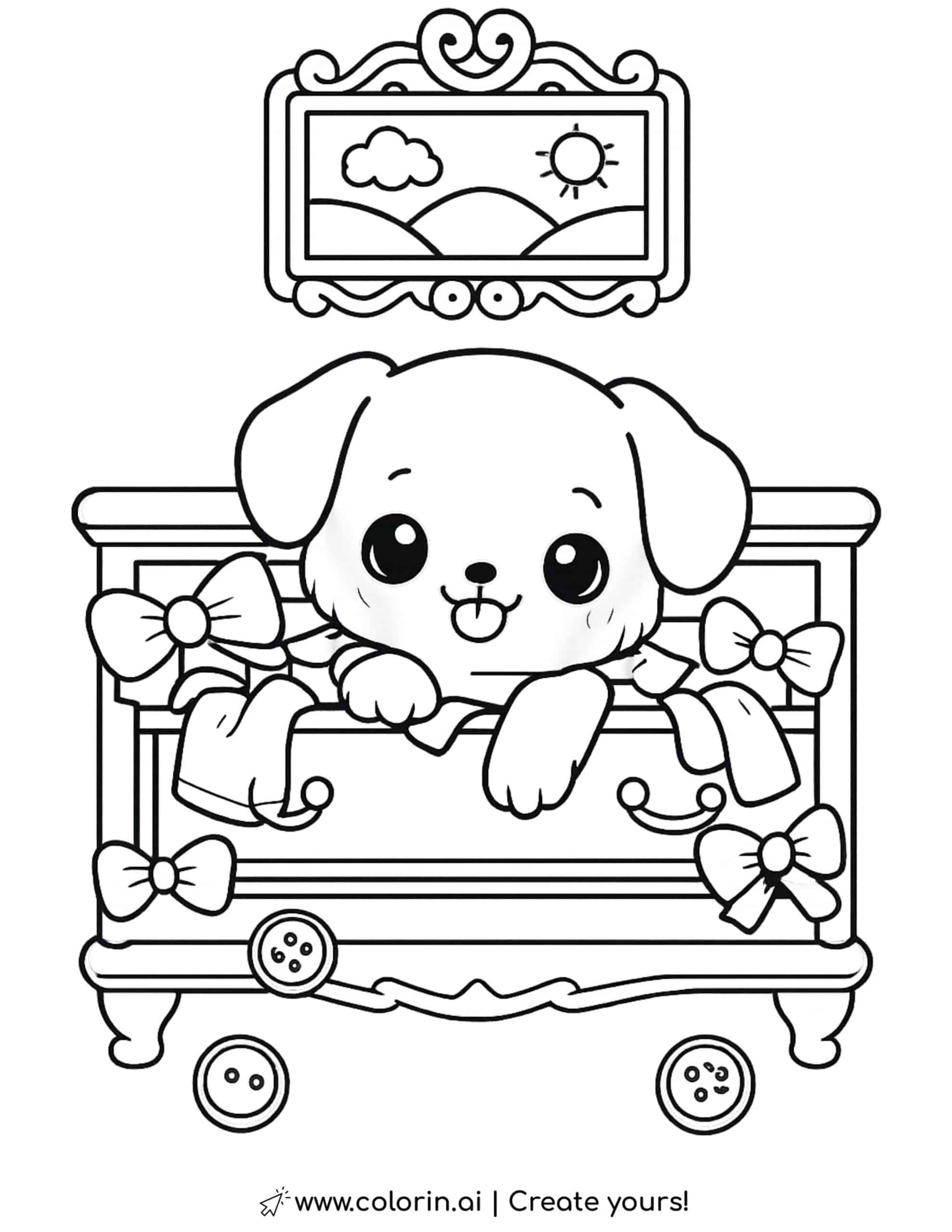 Puppy Peeking from Dresser Drawer Coloring Page | Printable