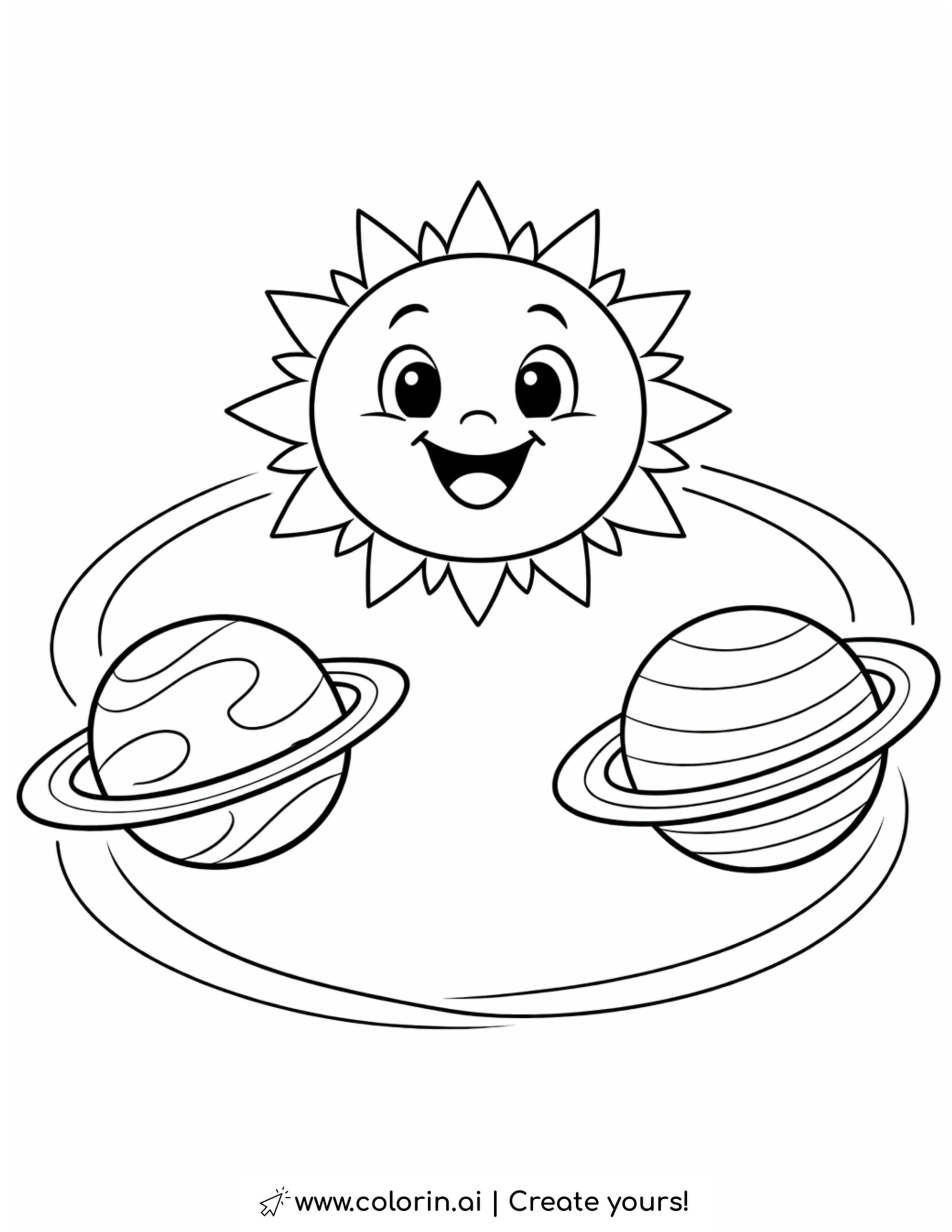 Smiling Sun with Orbiting Planets Coloring Page | Free Printable
