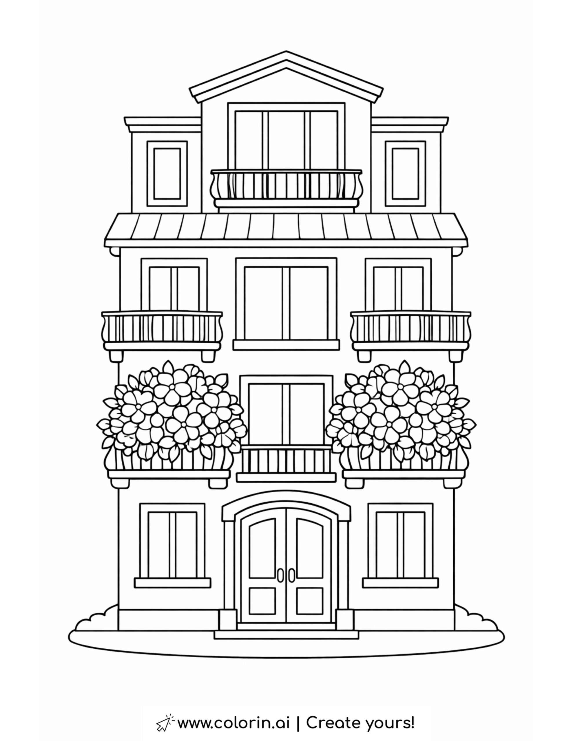 Three Story House with Flower Balconies Coloring Page