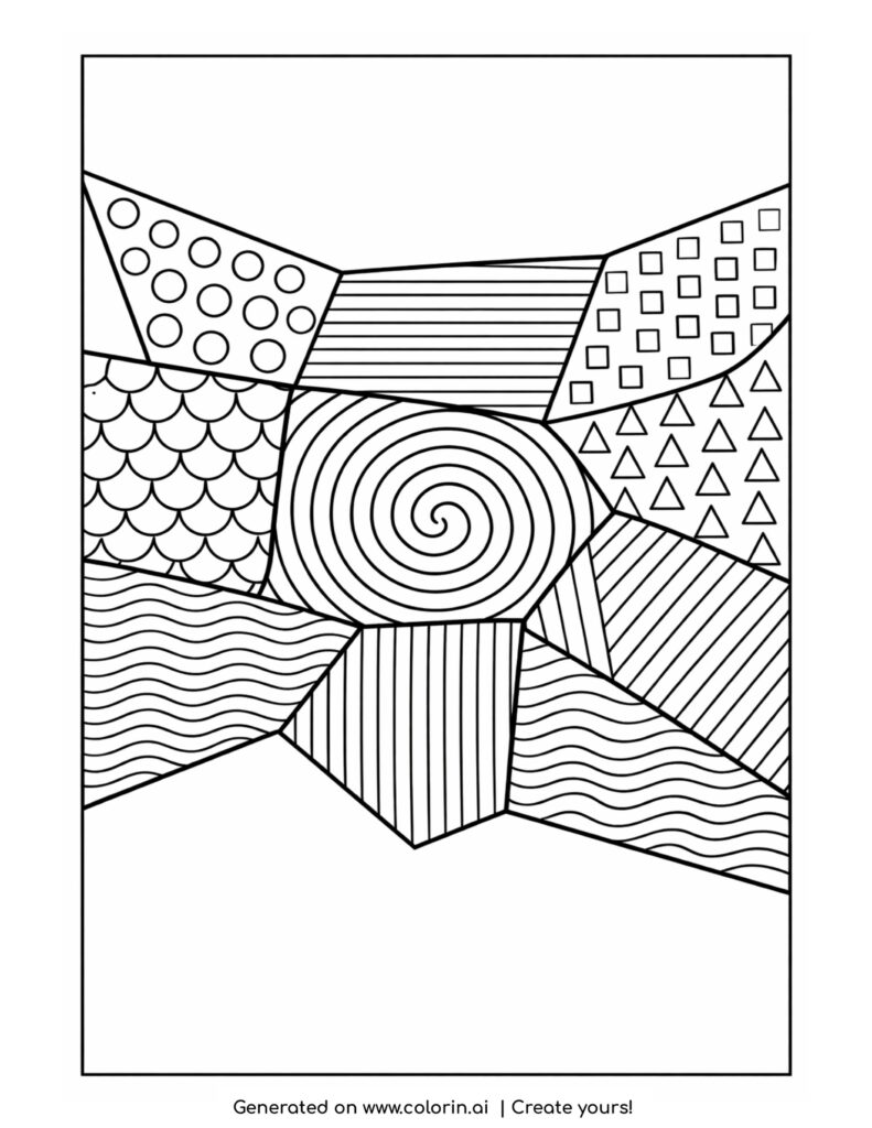 Abstract zentangle spiral pattern segments coloring page
