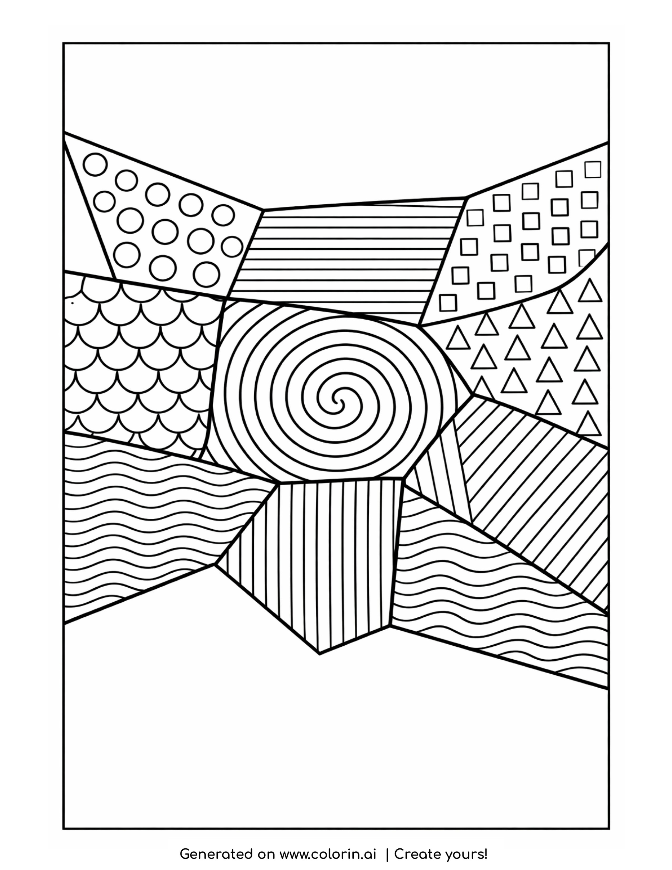 Abstract zentangle spiral pattern segments coloring page