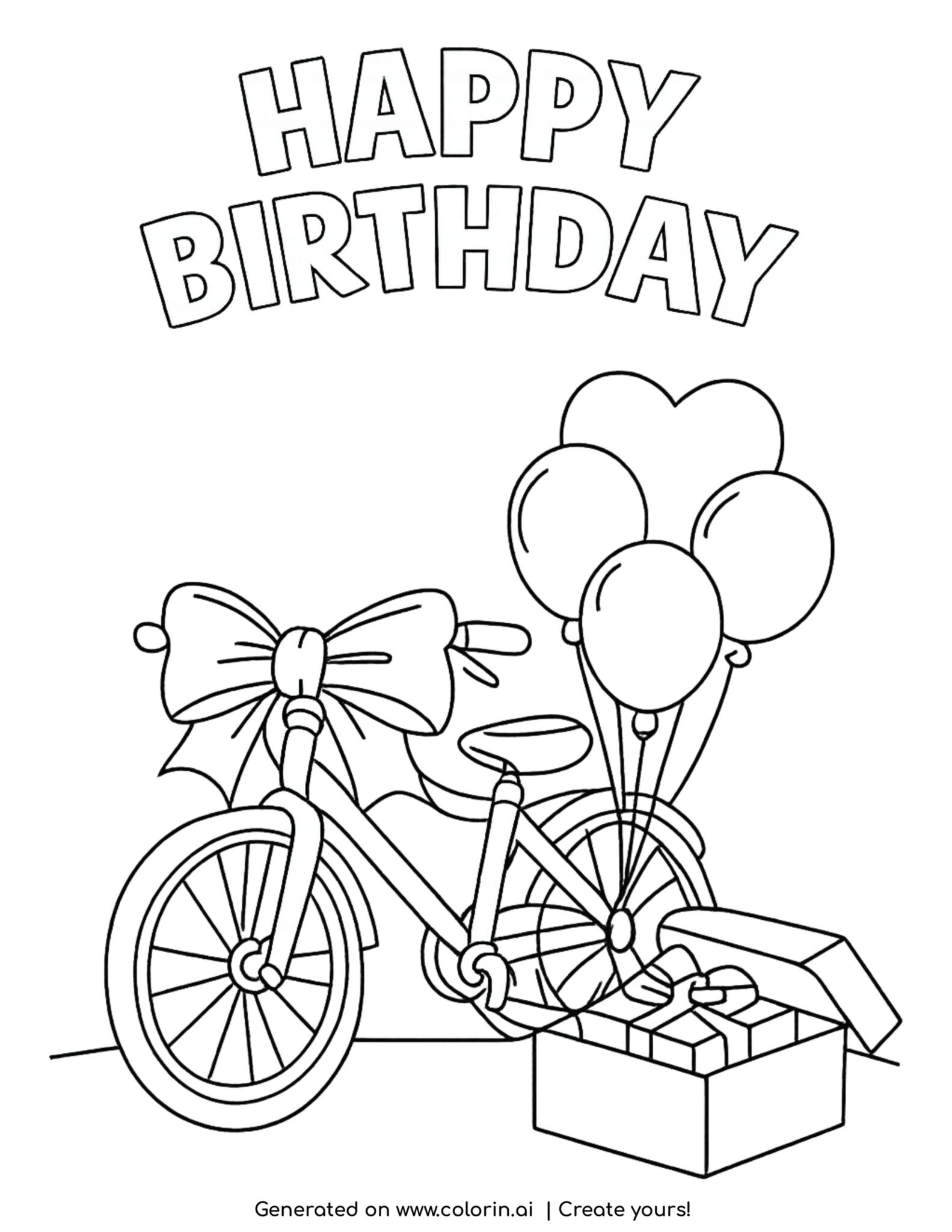 Birthday bicycle with balloons and gift coloring page | Printable