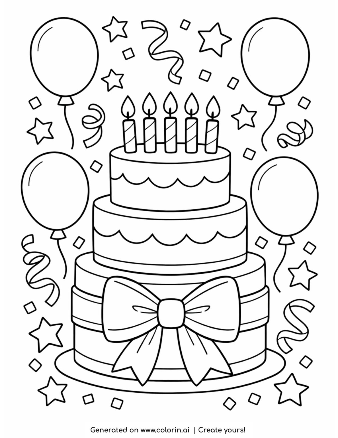 Birthday Cake With Candles Balloons Coloring Page | Printable