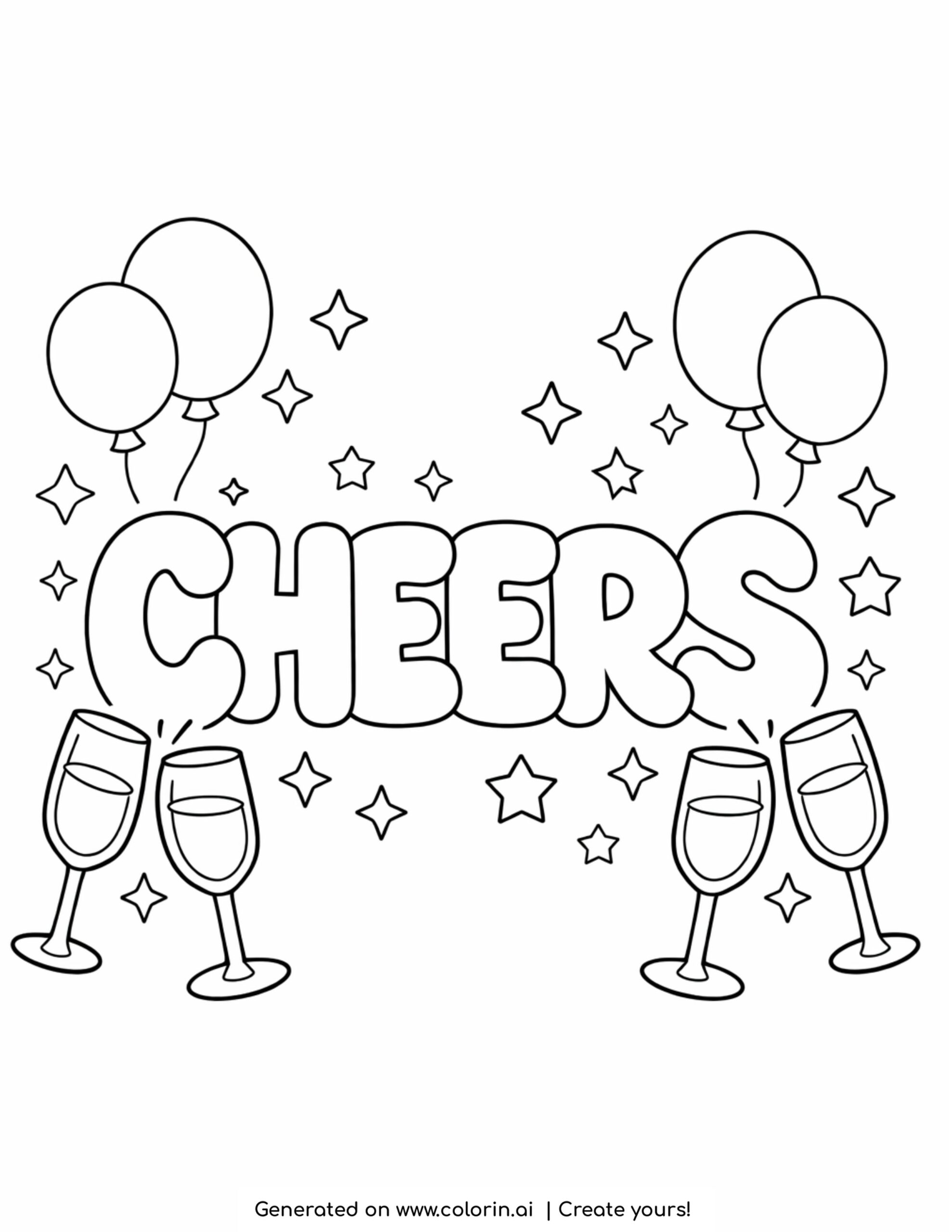 Cheers Word with Glasses Balloons Coloring Page | Free Printable