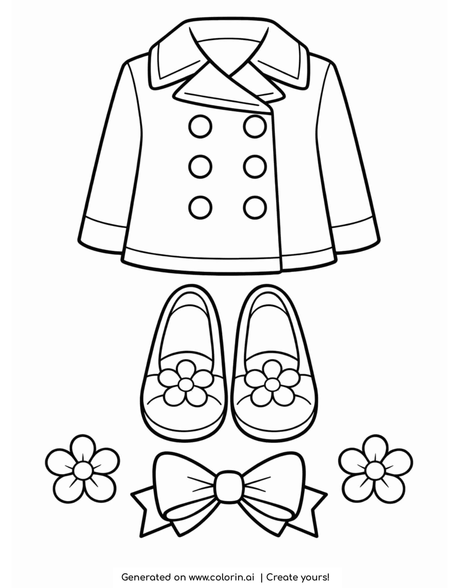 cute coat and shoes coloring page with bow | Printable