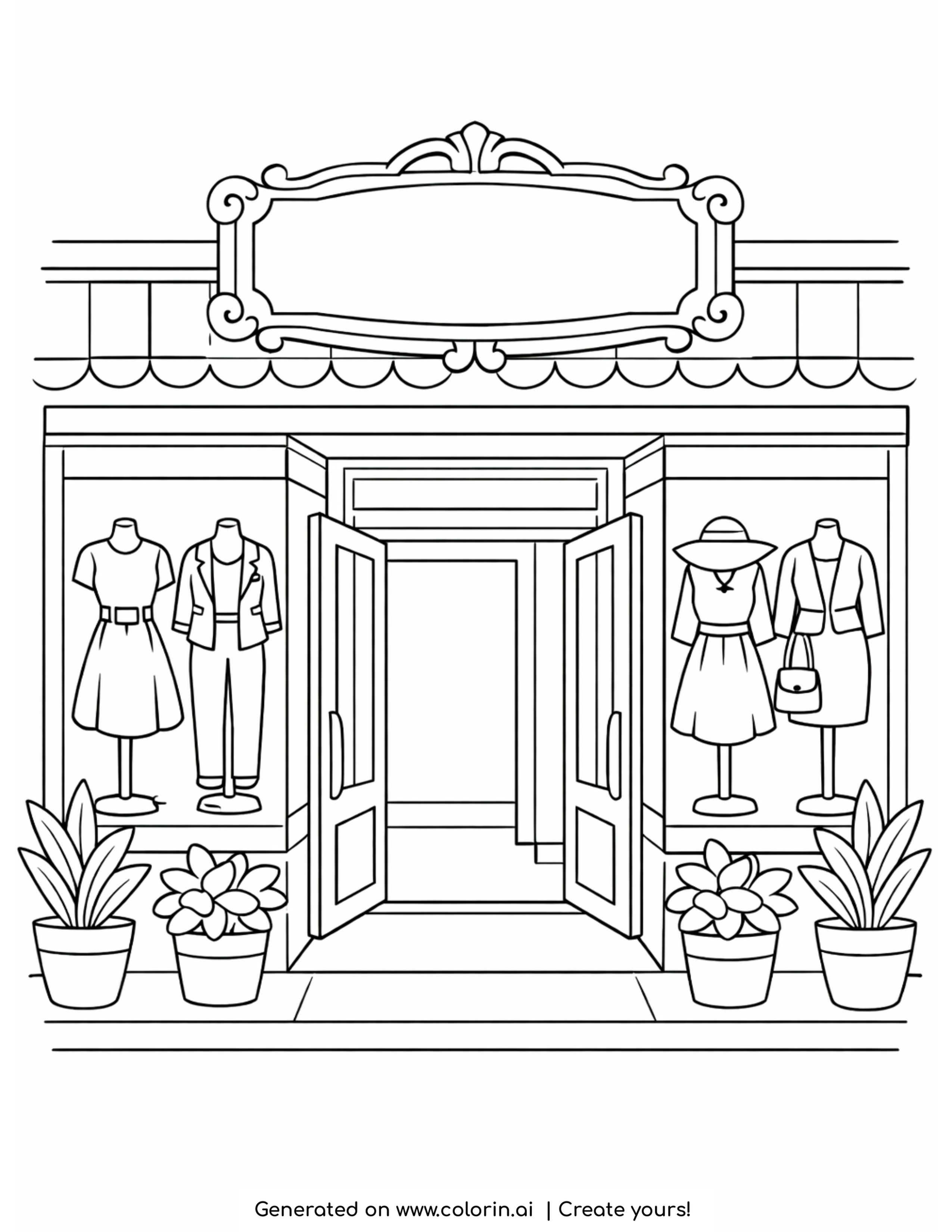 fashion boutique storefront with window displays coloring page