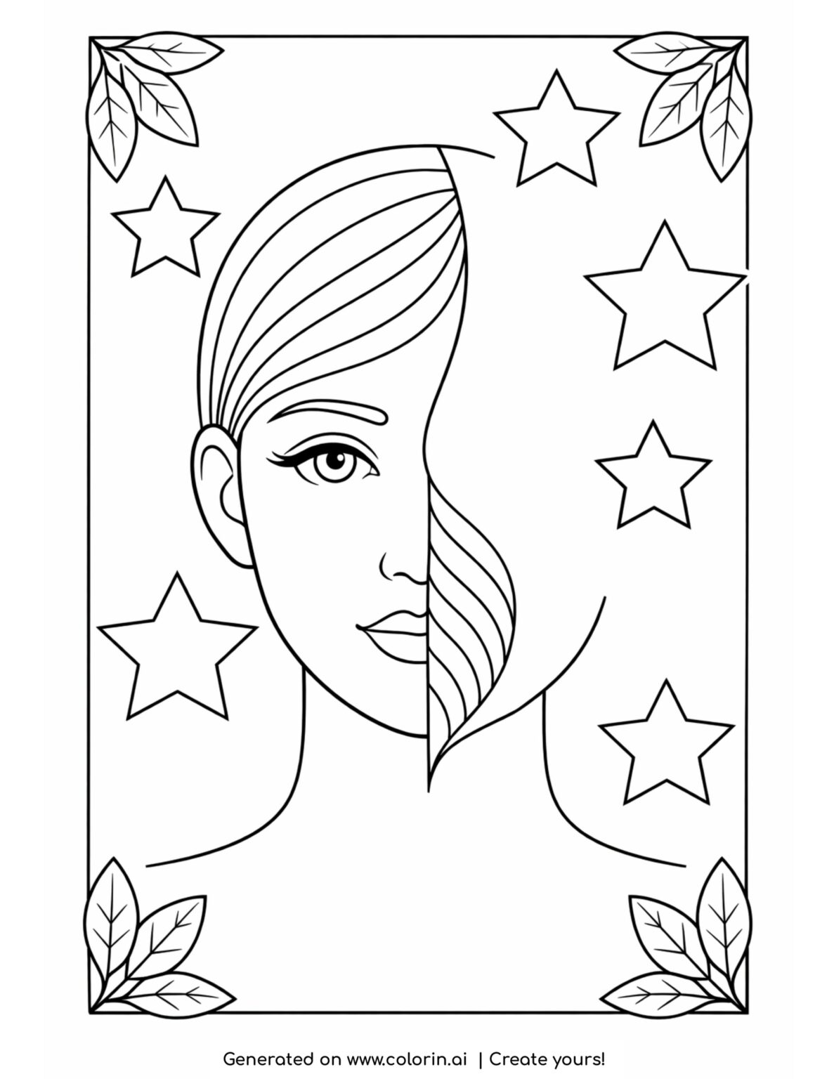 half woman face with stars coloring page | Free Printable