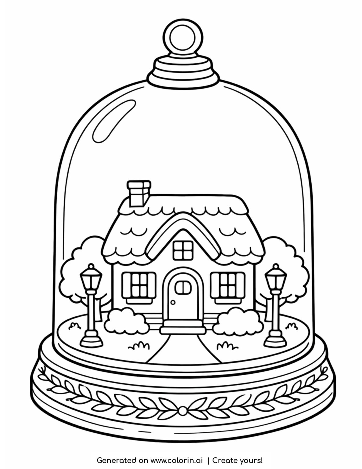 House Inside Glass Dome with Trees Coloring Page | Printable