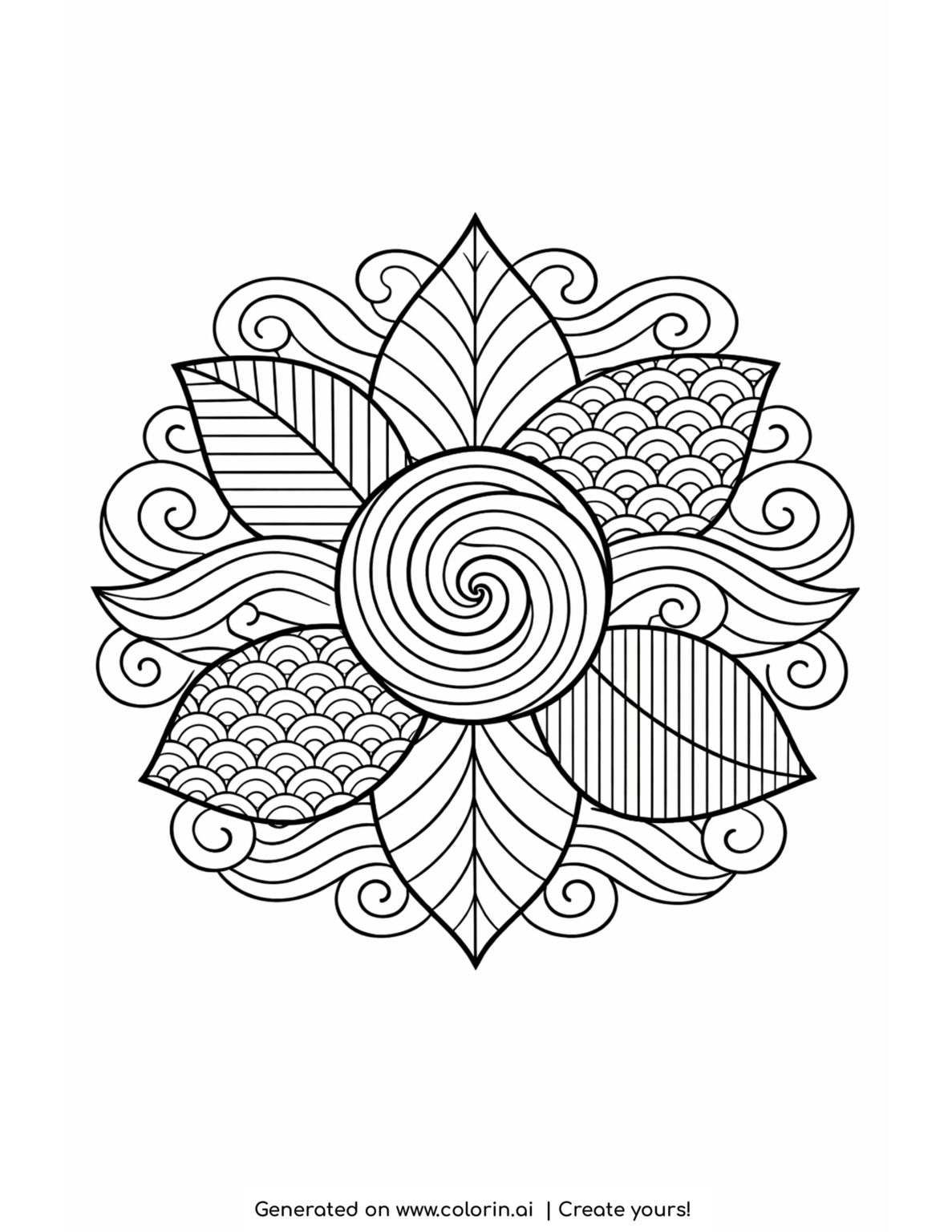 Leaf mandala with swirling patterns coloring page | Relaxing design