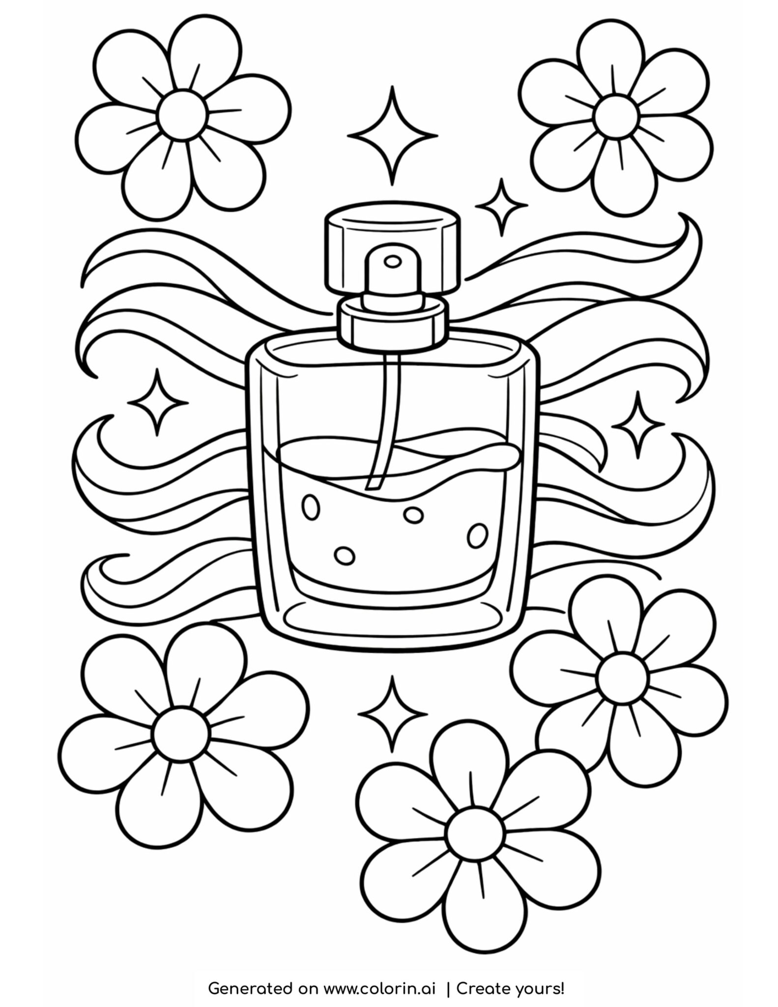 Perfume Bottle with Flowers and Waves Coloring Page