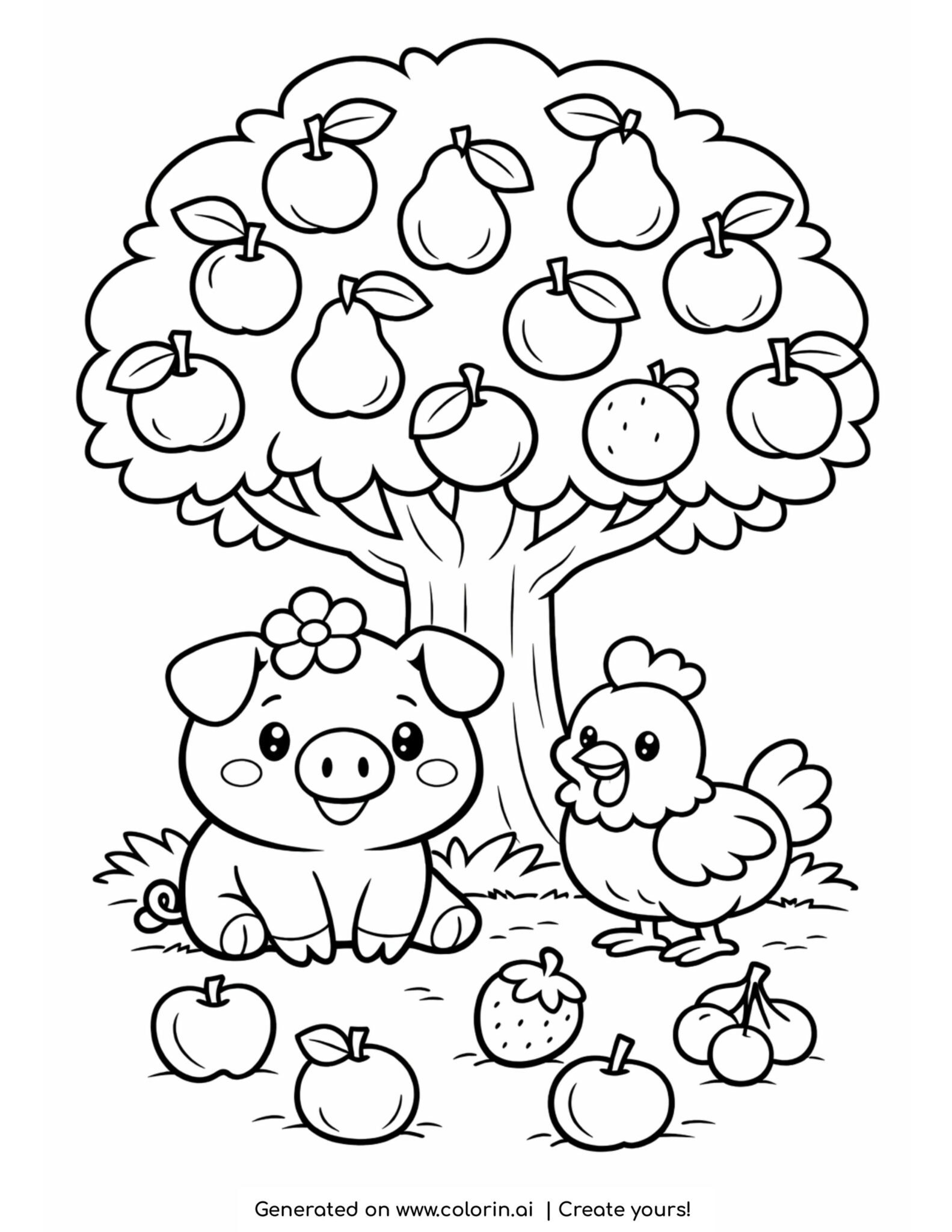 Pig and chicken under fruit tree coloring page | Free Printable