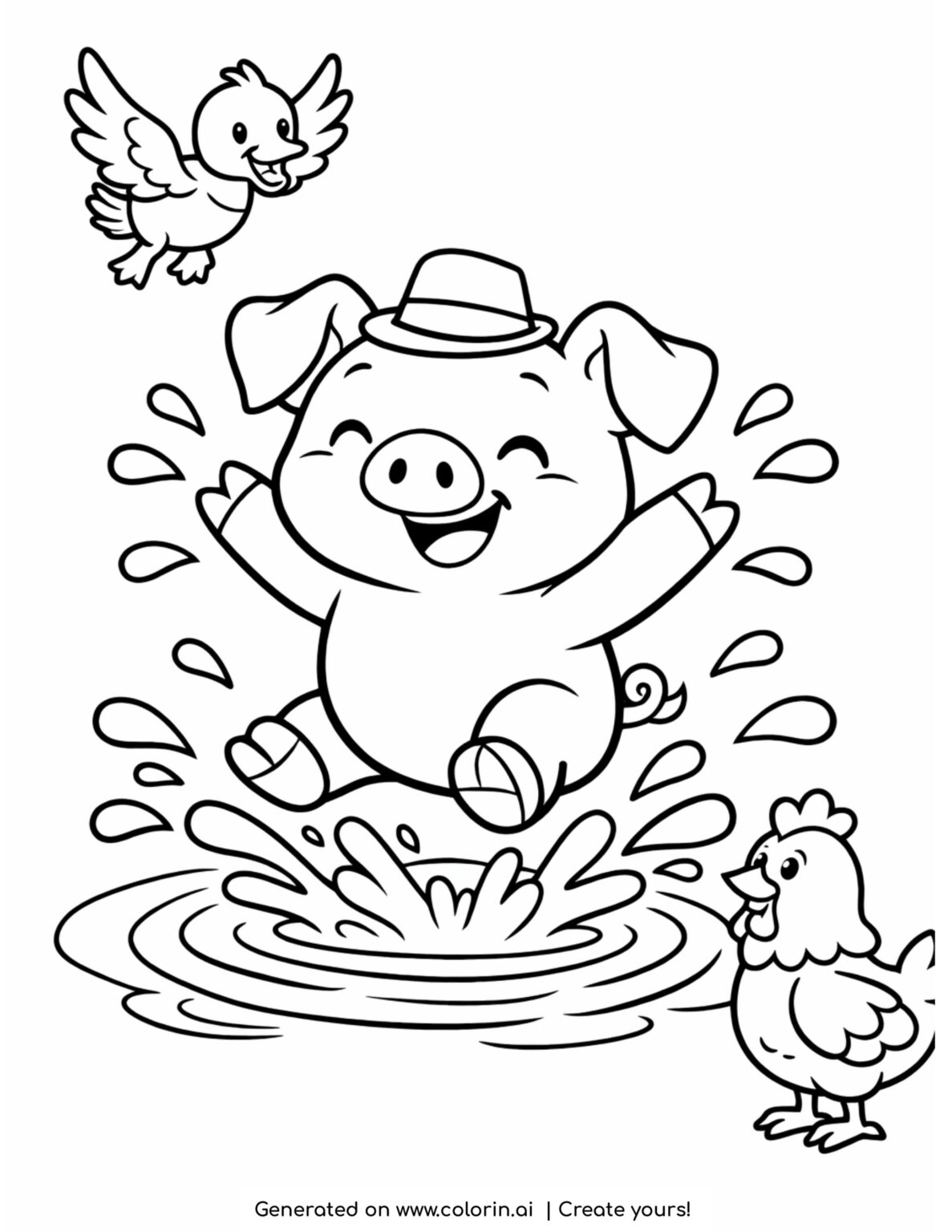 Pig Jumping in Mud Puddle Coloring Page | Free Printable