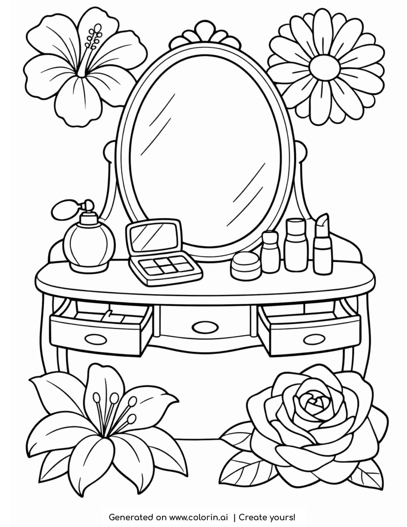 vanity table with mirror and makeup coloring page | Printable