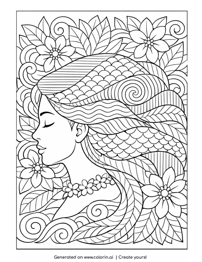 woman profile with flowing hair and leaves coloring page