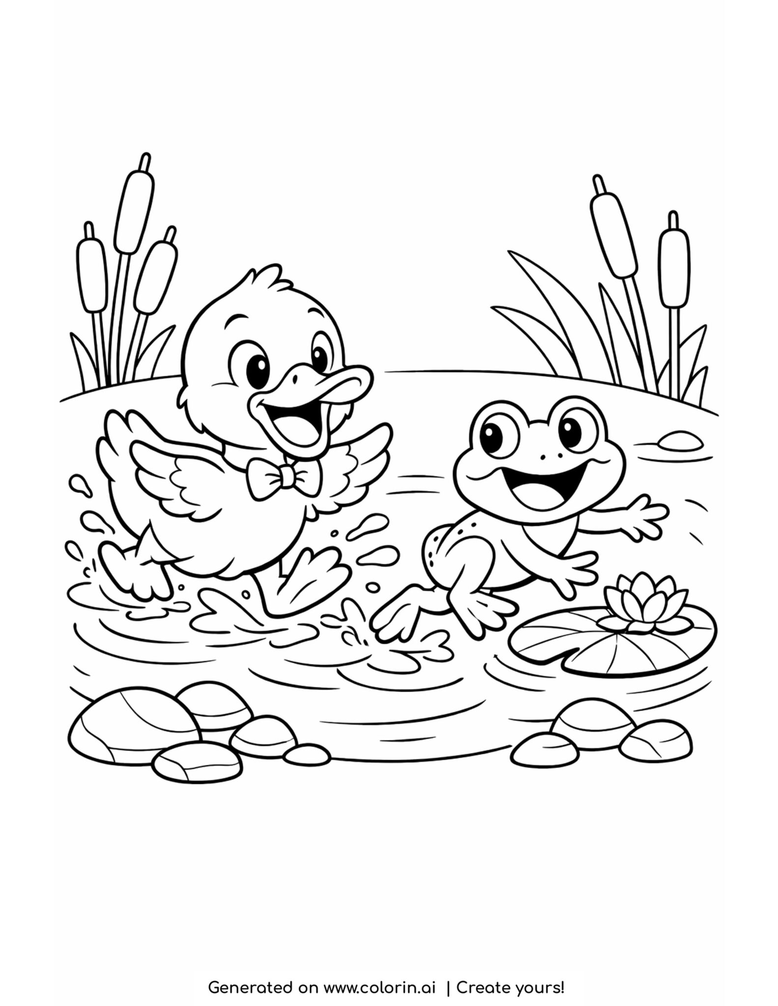 duck chasing a frog coloring page | Cute printable